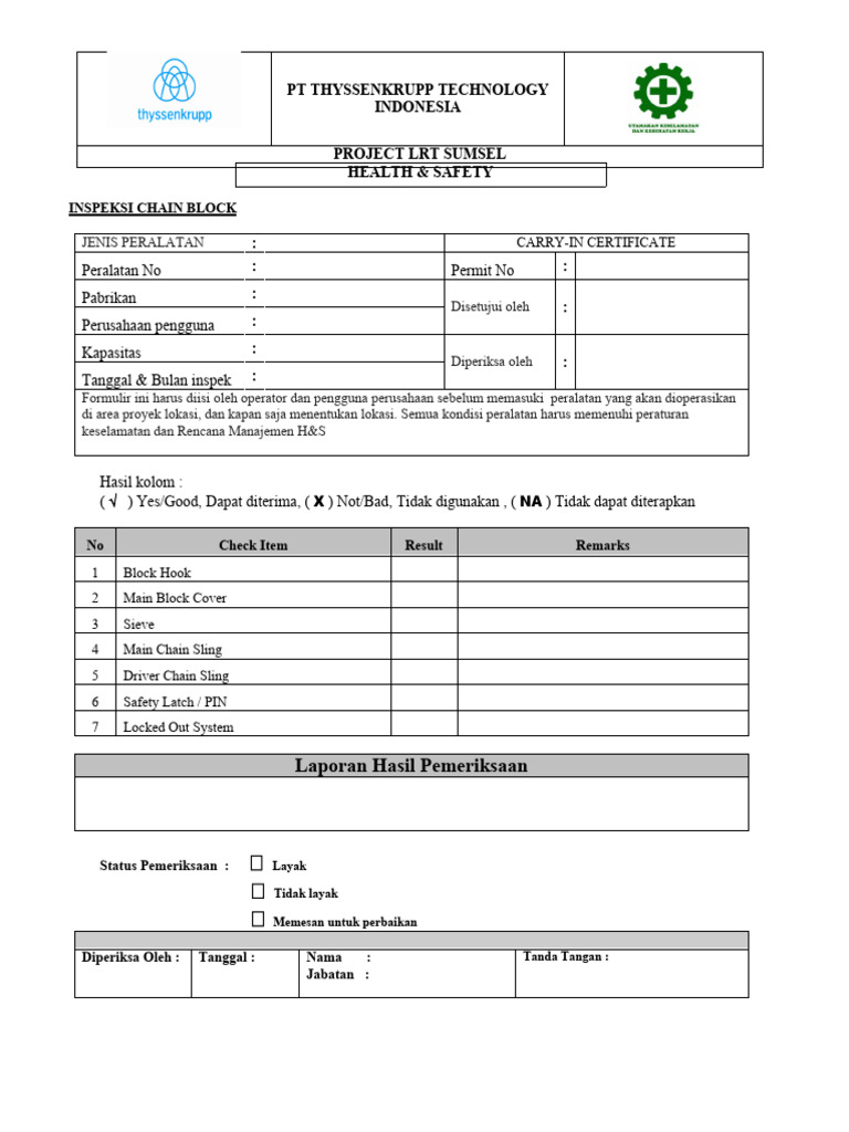 Inspeksi Chain Block LRT Sumsel | PDF
