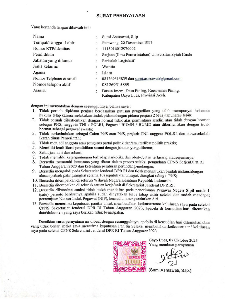 Surat Pernyataan Sumi | PDF