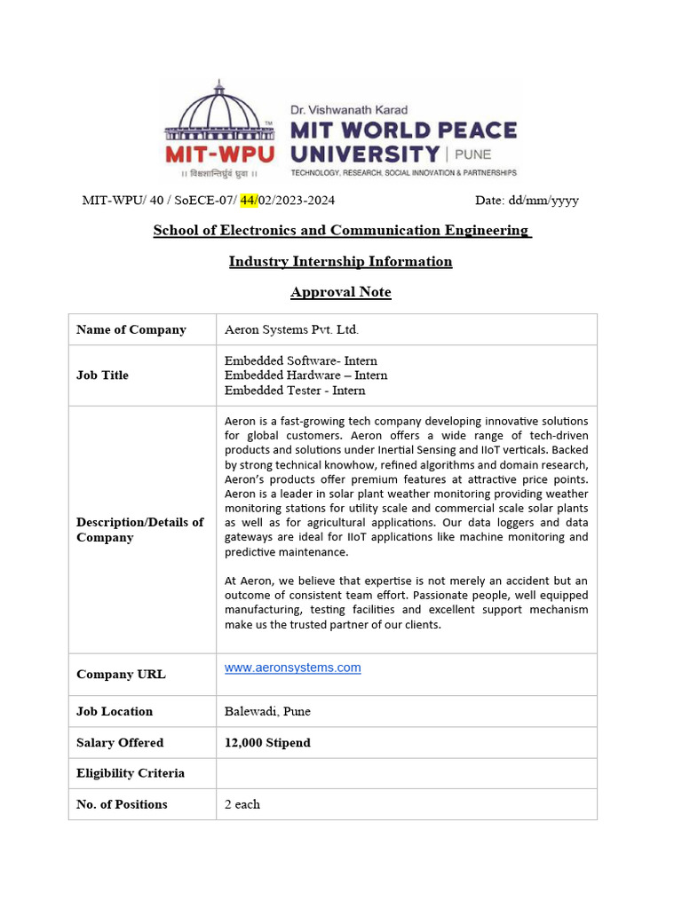 Aeron Internship JD Format - Revised | PDF | Embedded System | Engineering