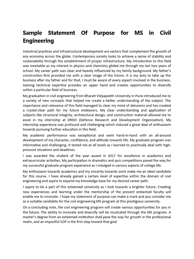 Sample Statement of Purpose For MS in Civil Engineering 2 | PDF | Engineering | Cognition