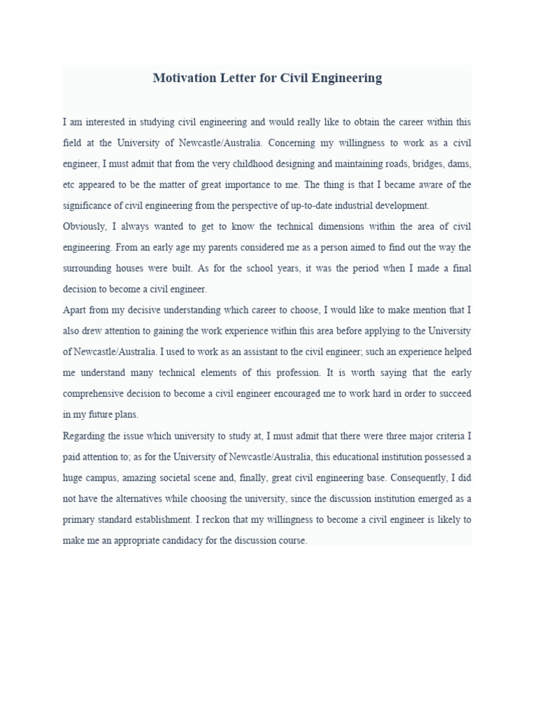 Motivation Letter For Civil Engineering | PDF