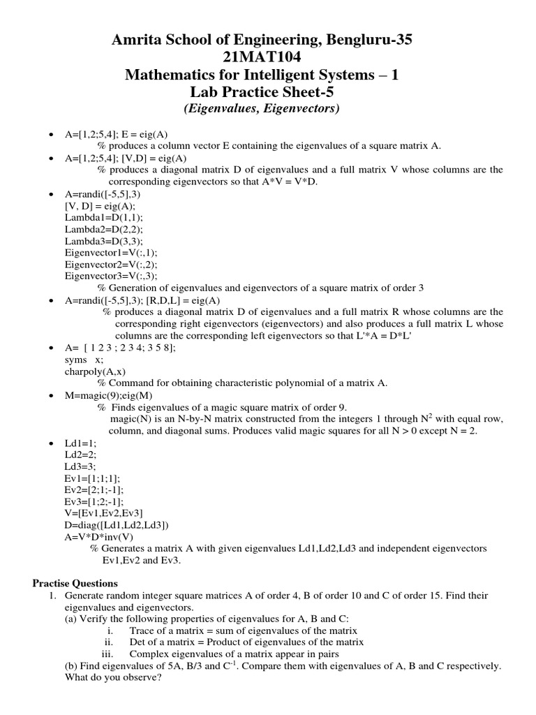 Engineering Math Lab: Eigenvalues | PDF | Eigenvalues And Eigenvectors | Matrix (Mathematics)