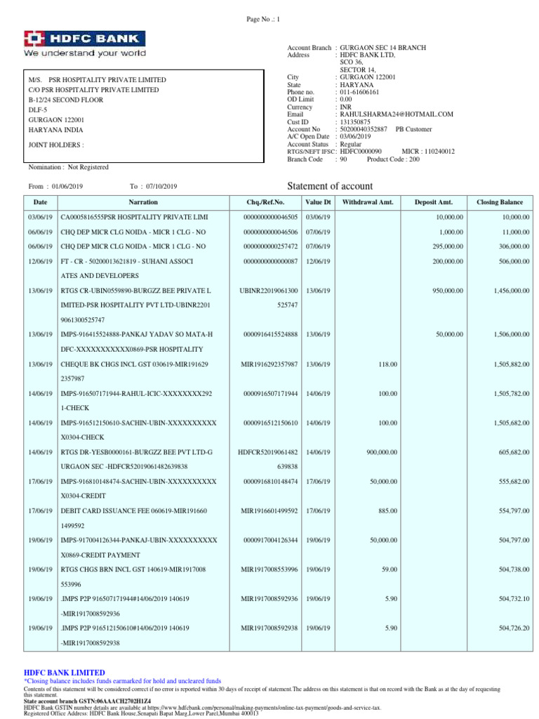Statement of Account: Date Narration Chq./Ref - No. Value DT Withdrawal ...