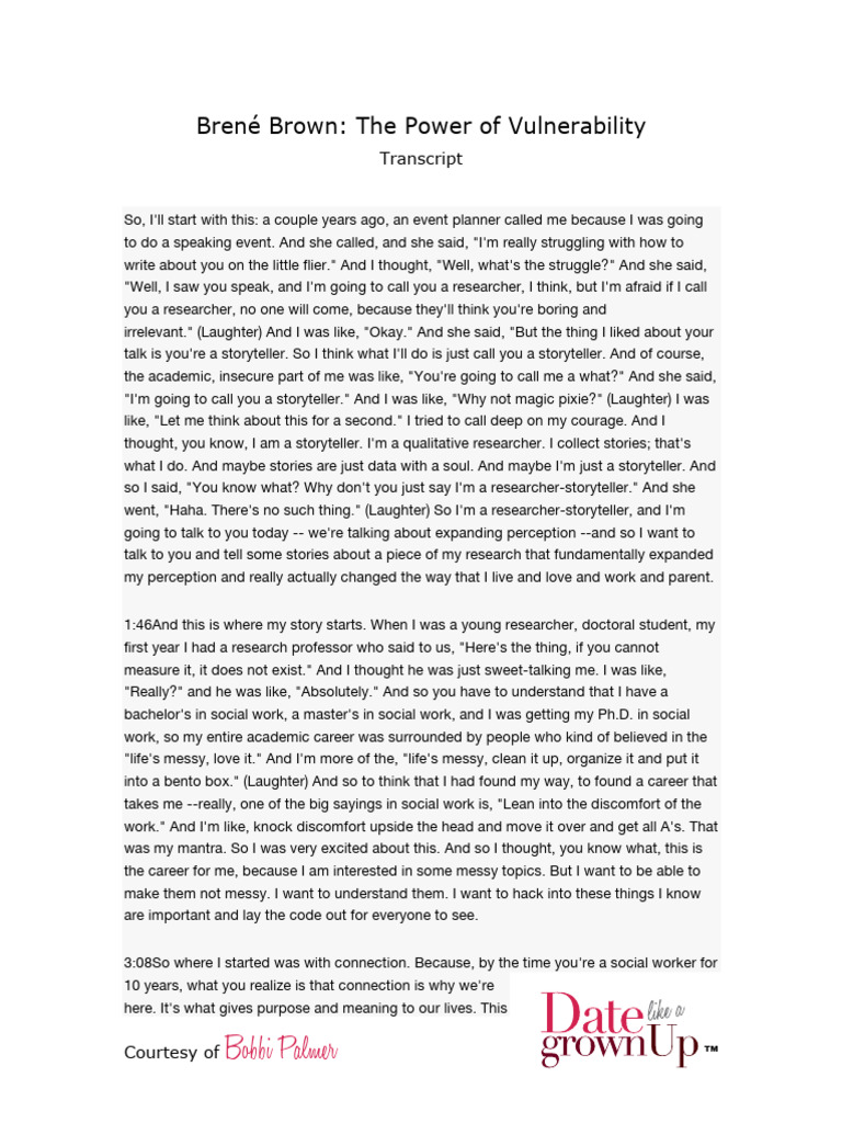 Brene Brown Power of Vulnerability Transcript | PDF | Shame | Psychology
