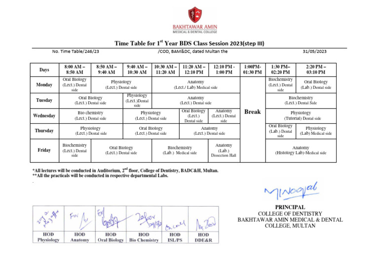 Time Table For 1st Year BDS Class Session 2023 (Stepiii) | PDF | Dental Degree | Dentistry