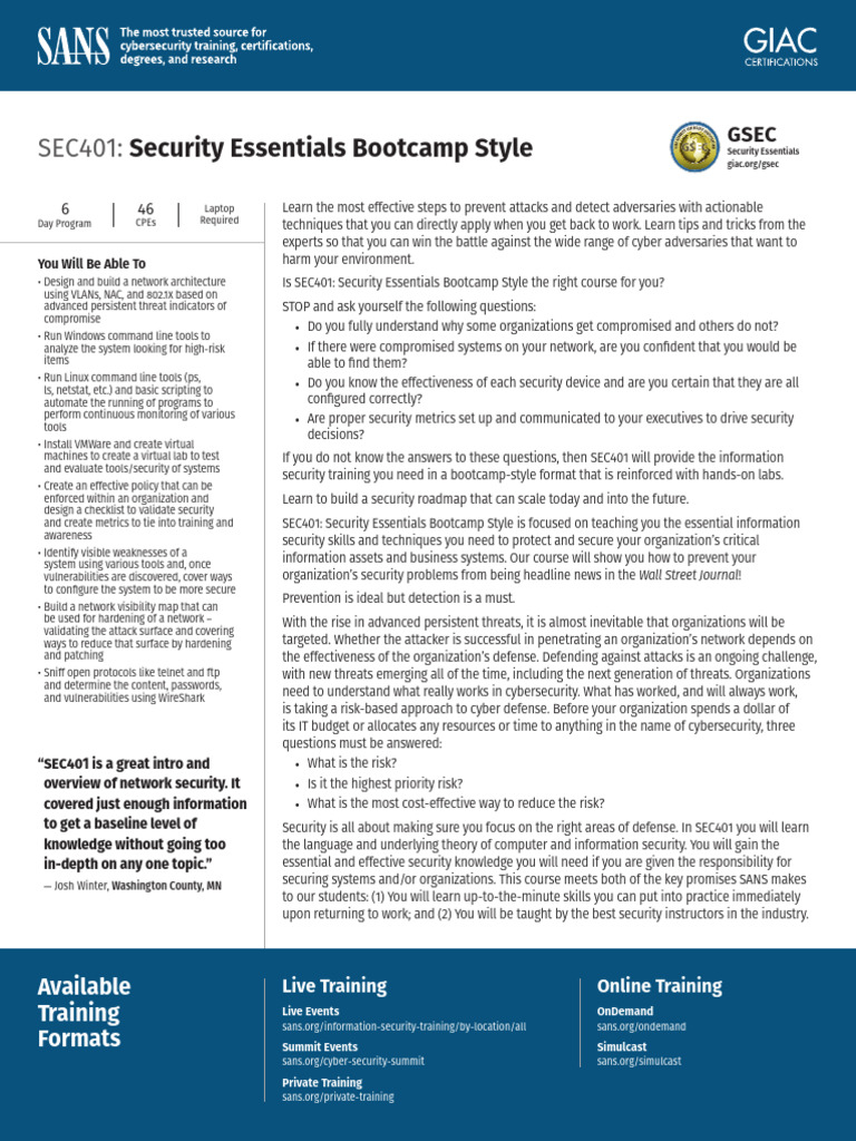 Security Essentials Bootcamp Style: Available Training Formats | PDF ...