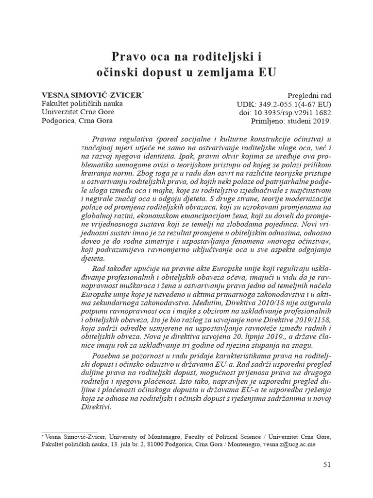 Pravo Oca Na Roditeljski I Očinski Dopust U Zemljama EU | PDF