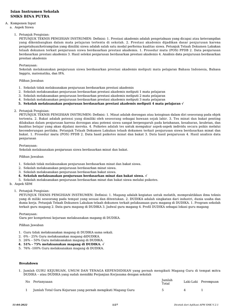 Instrumen APM SMK Bina Putra TH 2022 | PDF