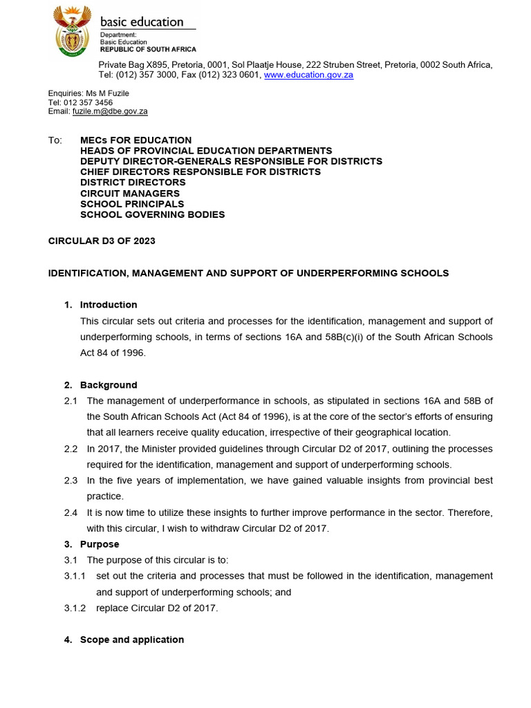 Circular D3 of 2023: Underperforming Schools | PDF | Employment