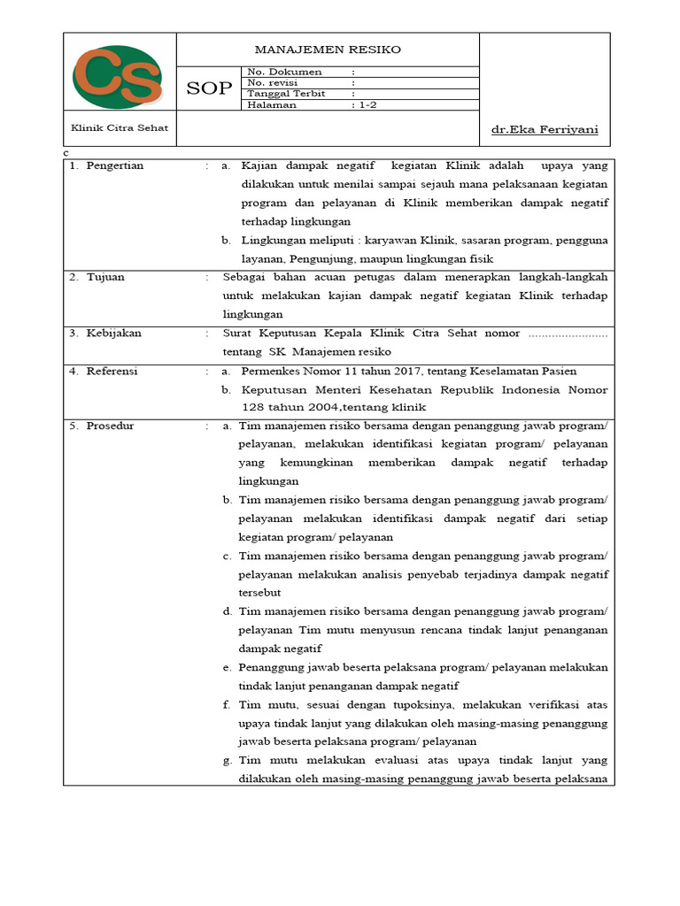 SOP Manajemen Resiko | PDF