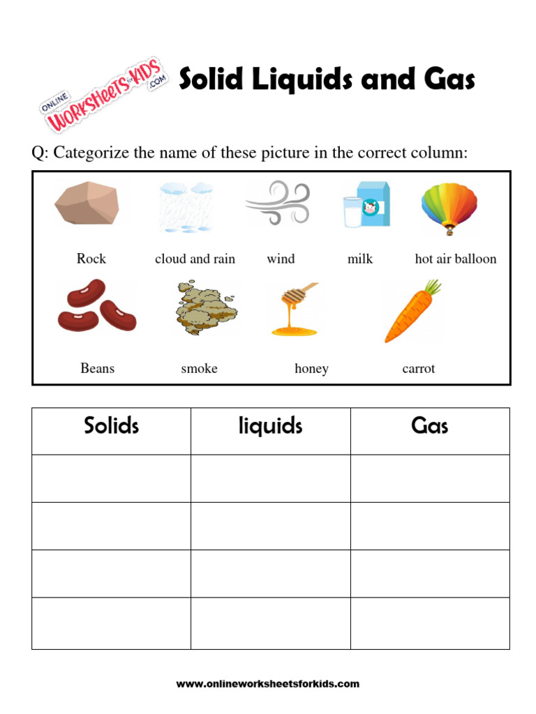 Solid Liquids and Gas Worksheet For Grade 1-7 | PDF