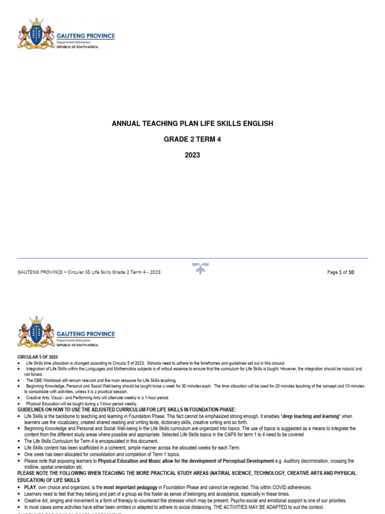Life Skills ATP Grade 2 Circular S5 Term 4 2023 | PDF | Curriculum ...