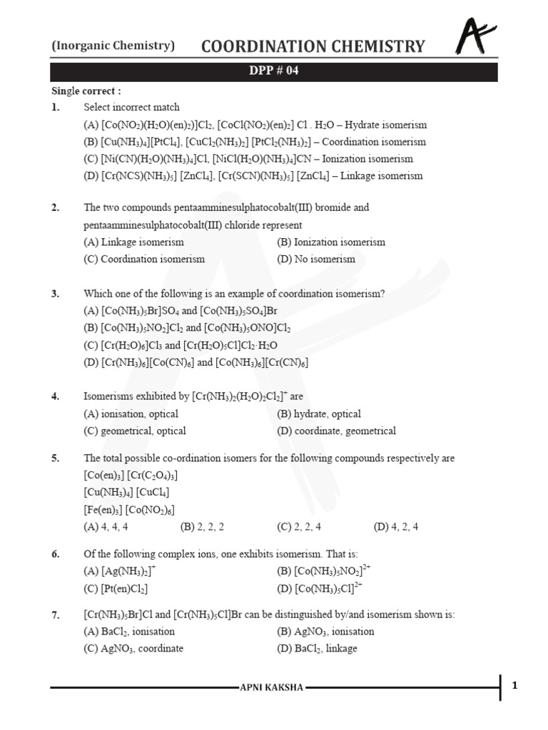 DPP - 04 - Coordination Chemistry | PDF | Coordination Complex | Materials