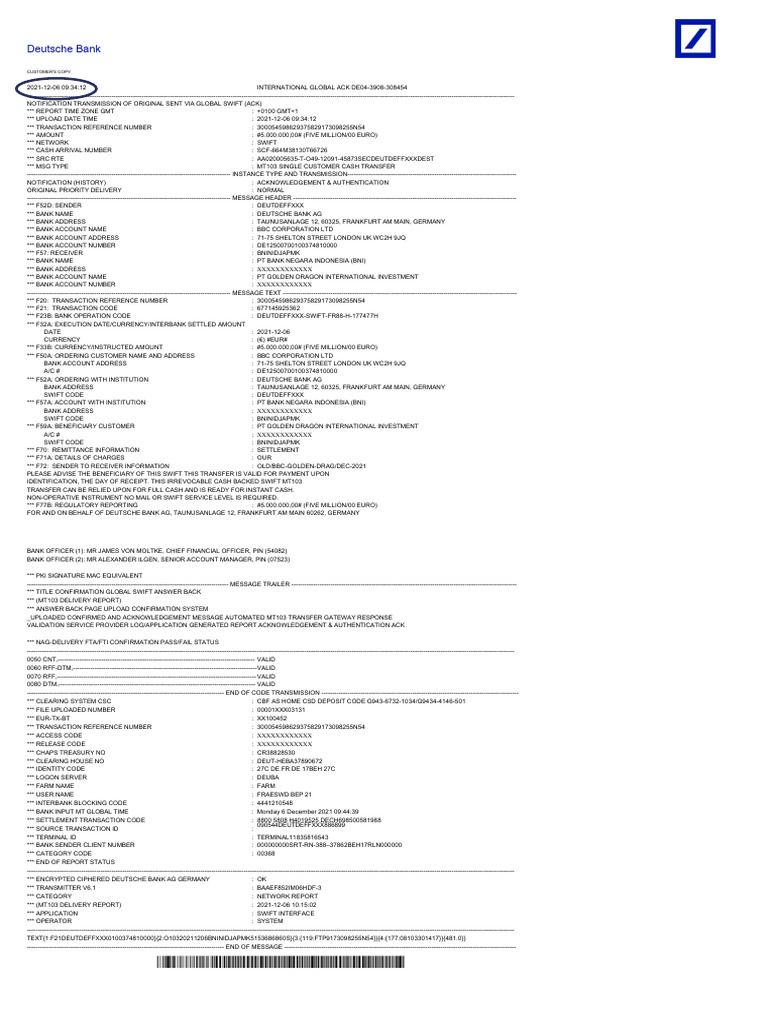 MT103 SWIFT Transfer Confirmation Report | PDF | Transmission Control Protocol | Cash