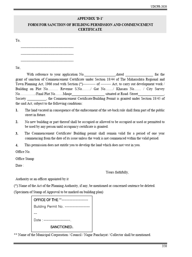 Appendix 'D-1' Form For Sanction of Building Permission and ...