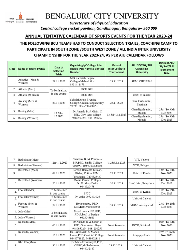 Bcu Annual Tentative Calendar of Sports Events For The Year 2023-24-01 ...