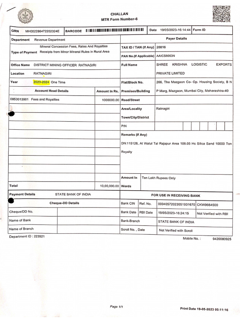 Royalty Challan | PDF