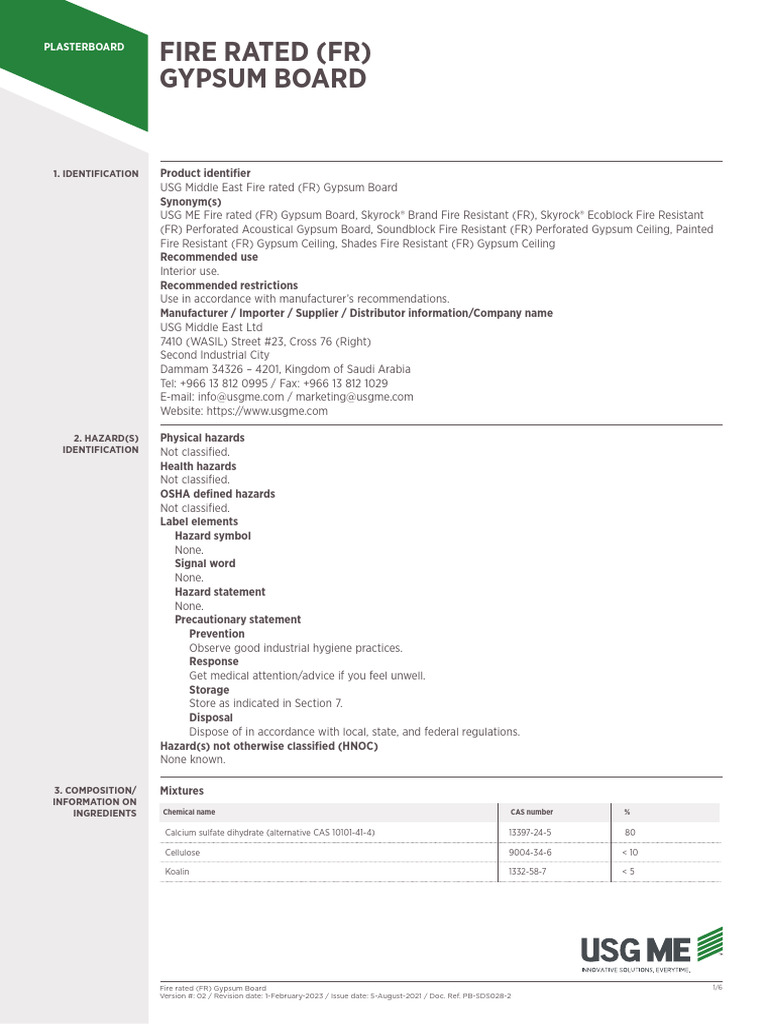Usg Me Fire Rated FR Gypsum Board Ref. Pb-sds028-2 | PDF | Gypsum | Hazards