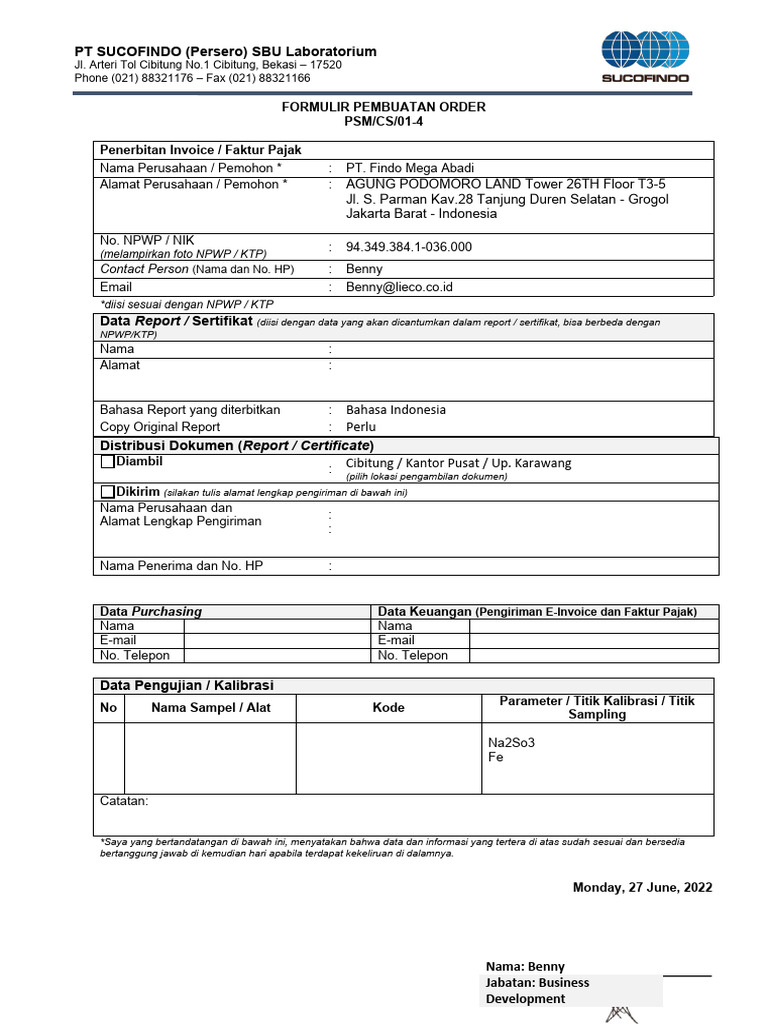 Form Pembuatan Order Sucofindo | PDF