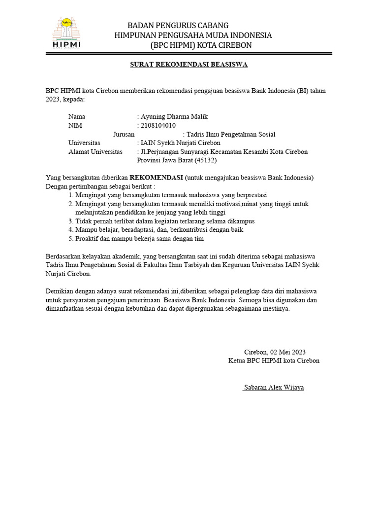 Surat Rekomendasi Beasiswa | PDF
