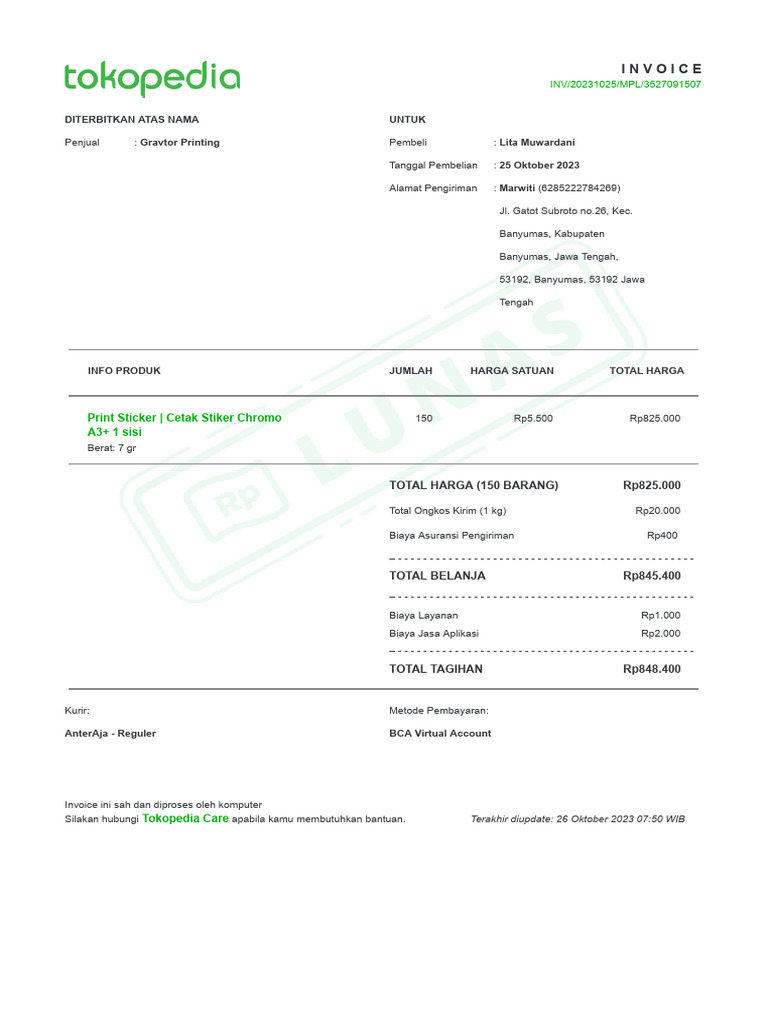 Invoice Pembelian Stiker Gravtor 2023 | PDF