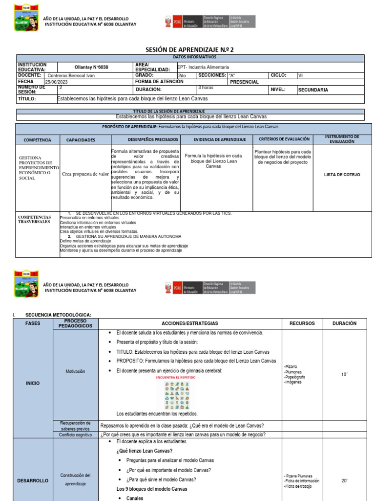 SESIÓN LEAN CANVAS 5 BLOQUES | PDF | Aprendizaje | Evaluación