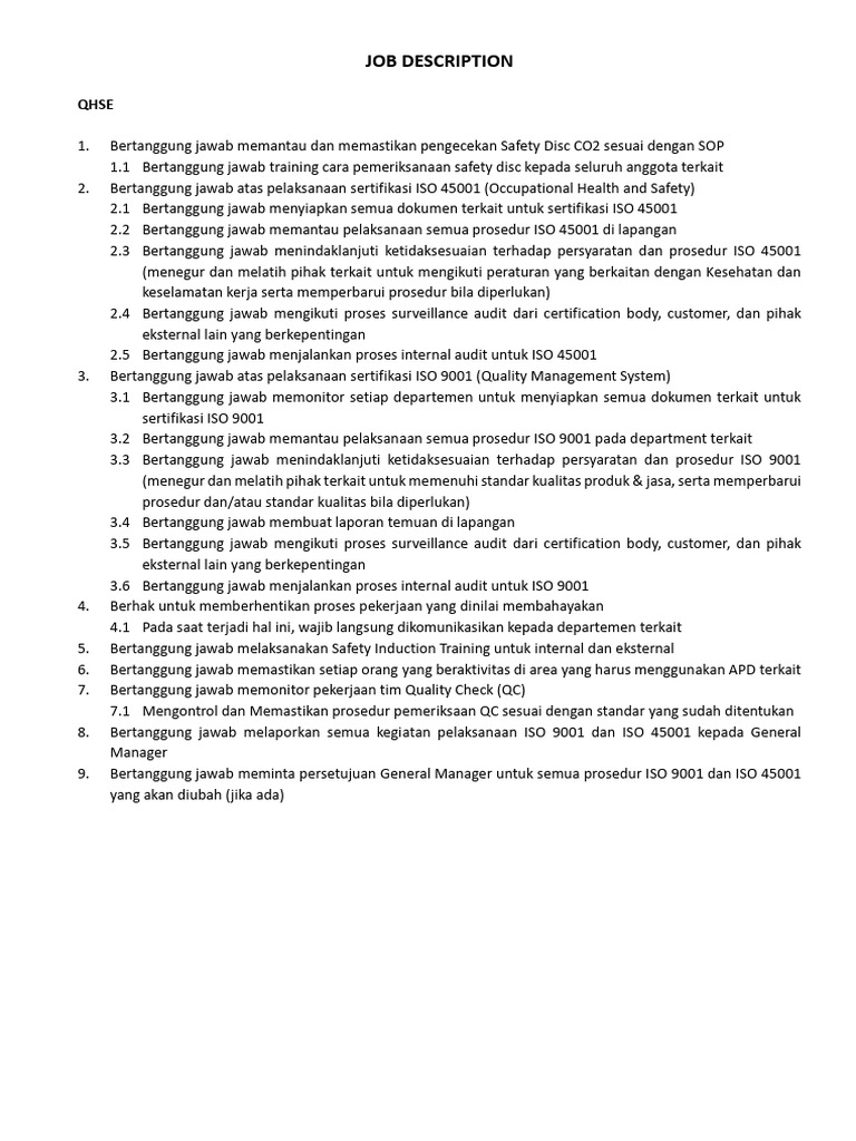 Element 1 (3) - Job Description Qhse & Hse | PDF | Teknologi & Rekayasa