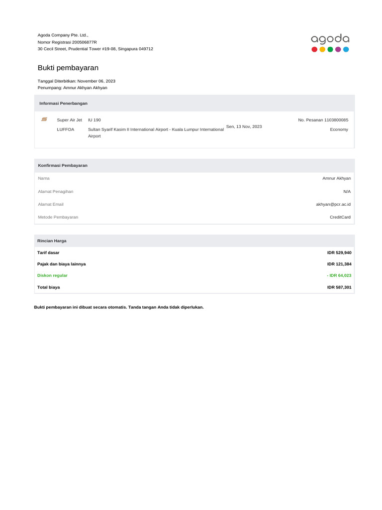 Agoda Booking ID 1103800085 Receipt | PDF