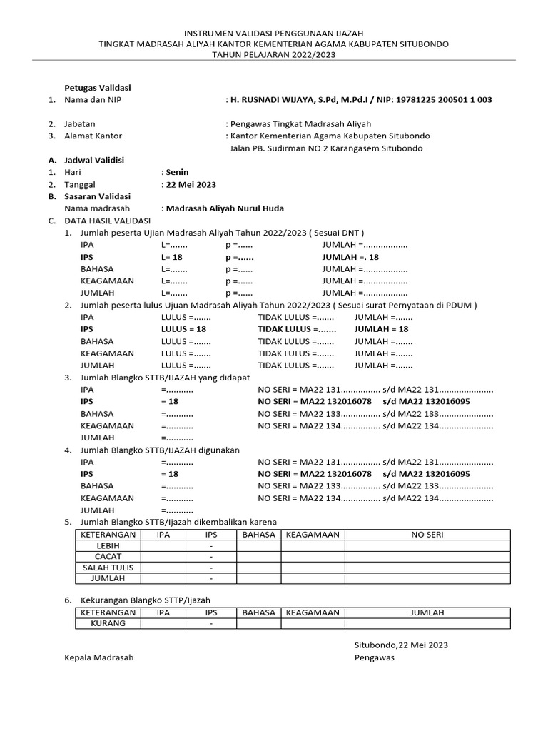 Instrumen Validasi STTB Ma 20222023 | PDF