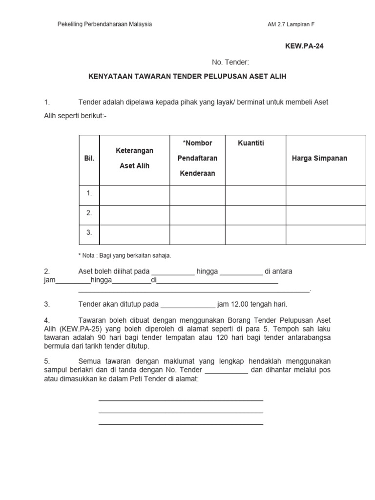 Kew Pa 24 Kenyataan Tawaran Tender Pelupusan Aset Alih | PDF ...