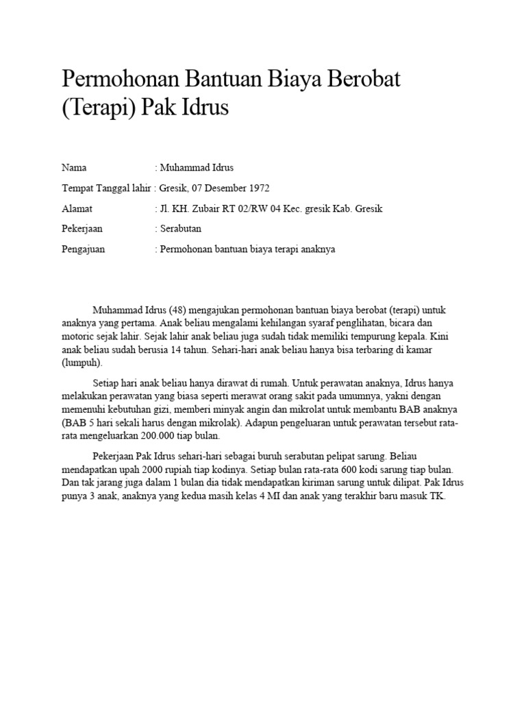 Bantuan Biaya Terapi Anak Pak Idrus | PDF
