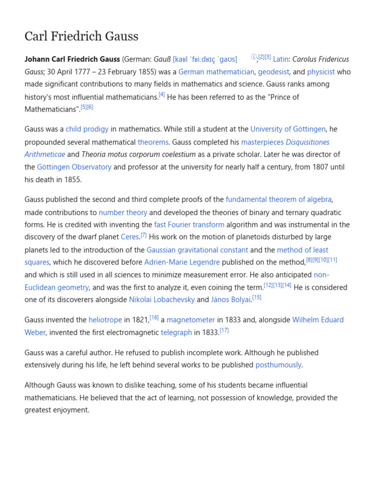 Carl Friedrich Gauss - Wikipedia | PDF | Factorization | Number Theory