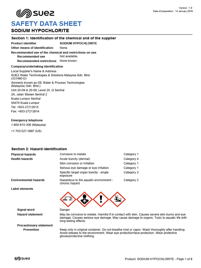 Sodium Hypochlorite Safety Data Sheet | PDF | Toxicity | Waste