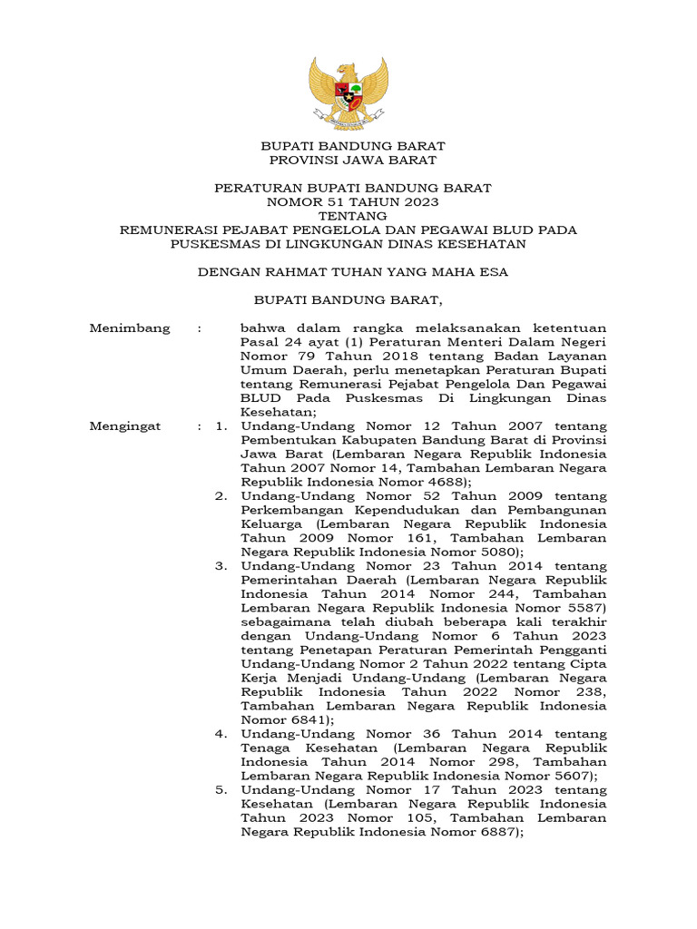 Perbup Nomor 51 Tahun 2023 Tentang Remunerasi Pejabat Pengelola Dan Pegawai Blud Pada Puskesmas ...