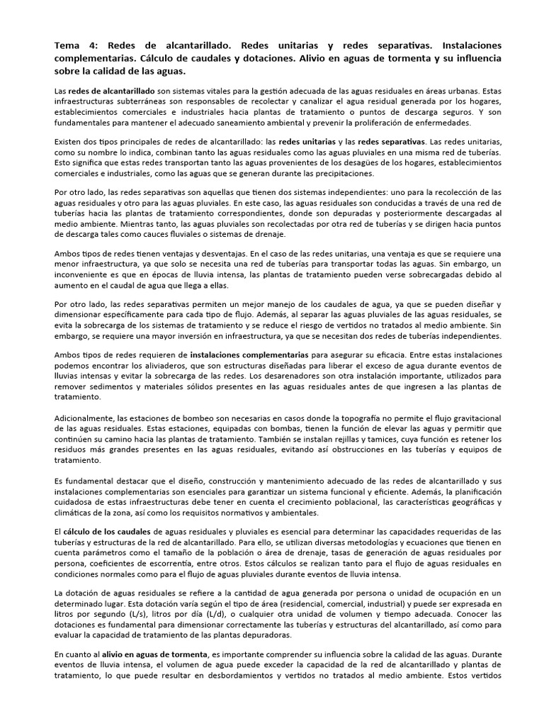 Redes de Alcantarillado. Redes Unitarias y Redes Separativas. Instalaciones Complementarias ...