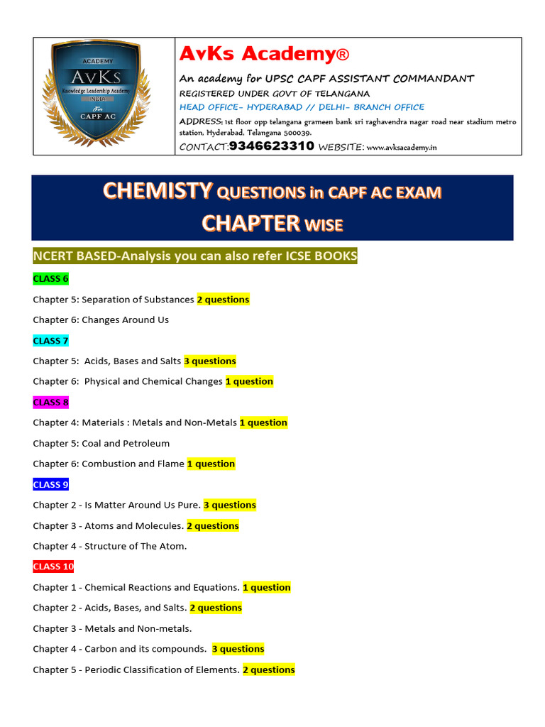 CHEMISTRY Questions Chapter Wise Upsc Capf Ac Exam | PDF | Chemistry | Deuterium