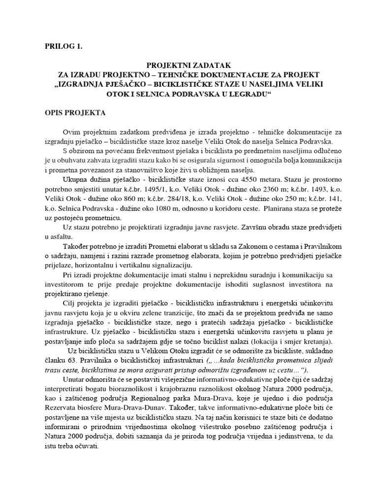 PRILOG 1 - PROJEKTNI ZADATAK Pješačko-Biciklistička Staza | PDF