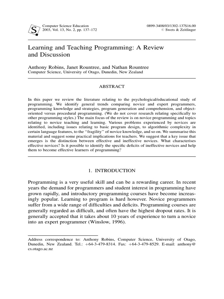 (1683) Robins - Learning and Teaching Programming - A Review and Discussion | Download Free PDF ...