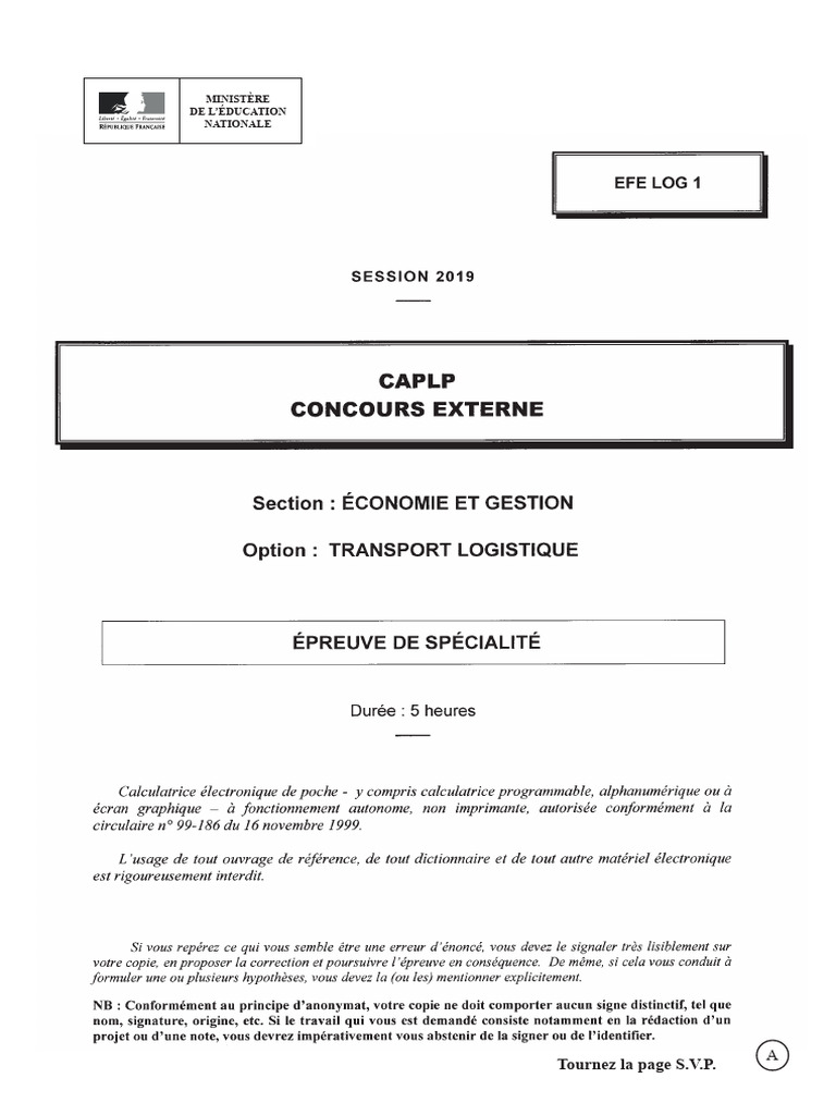 Caplp Externe Section Conomie Et Gestion Option Transport Et Logistique Sujet de La Premi Re ...