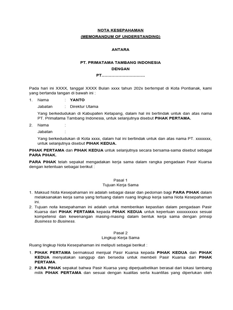 Nota Kesepahaman PT. PTI Dengan PSN | PDF | Hukum