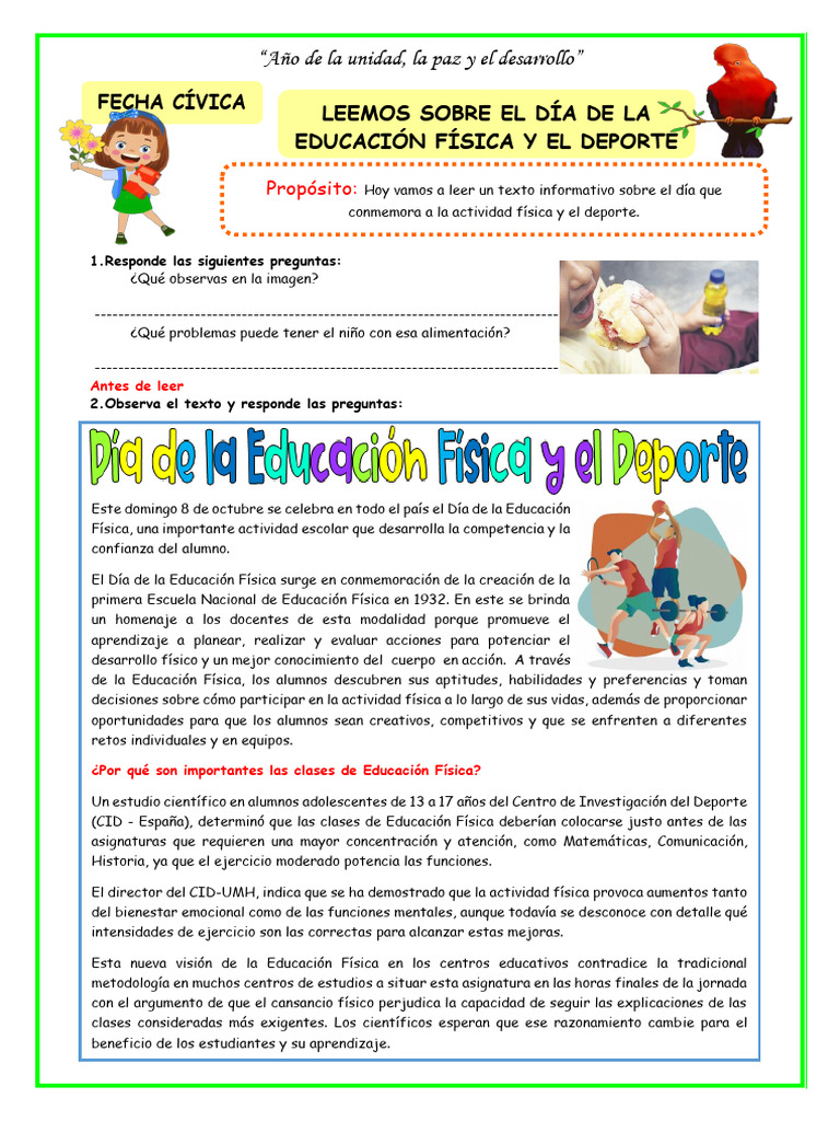 Ficha-Juev 05-Fecha Cívica-Leemos Sobre El Día de Deporte | PDF ...
