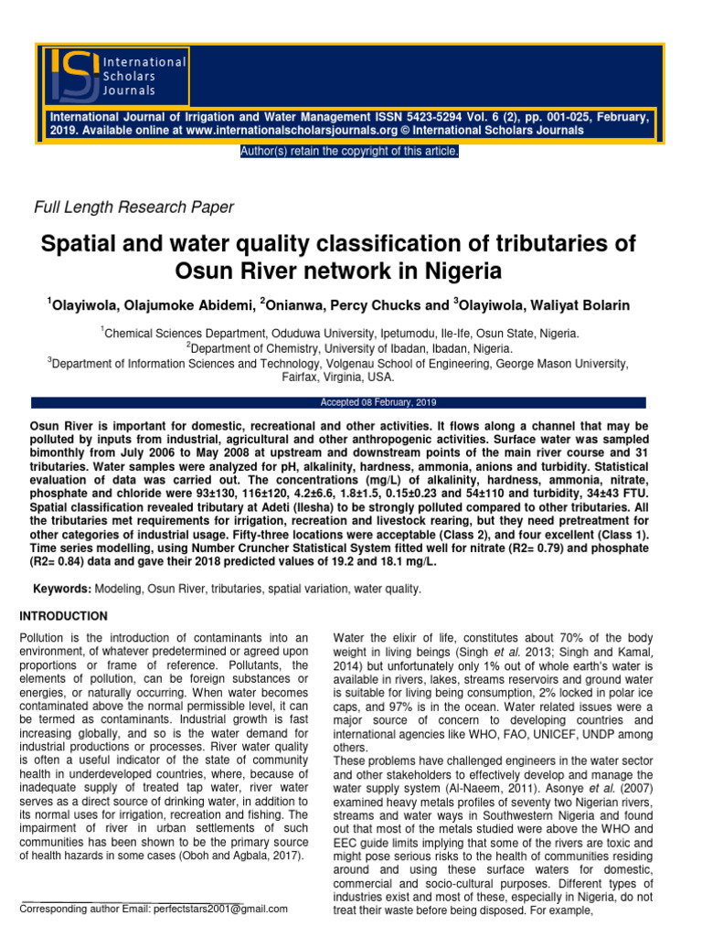 Spatial and Water Quality Classification of Tributaries of Osun River Network in Nigeria | PDF ...
