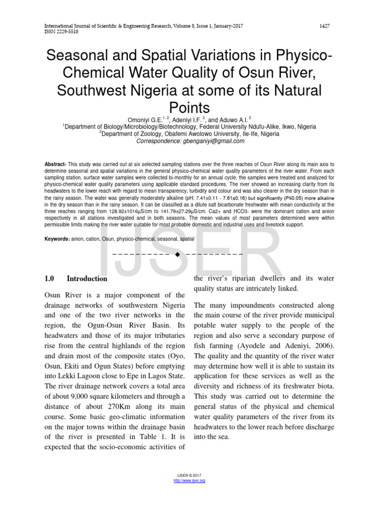 Seasonal and Spatial Variations in Physico Chemical Water Quality of Osun River Southwest ...