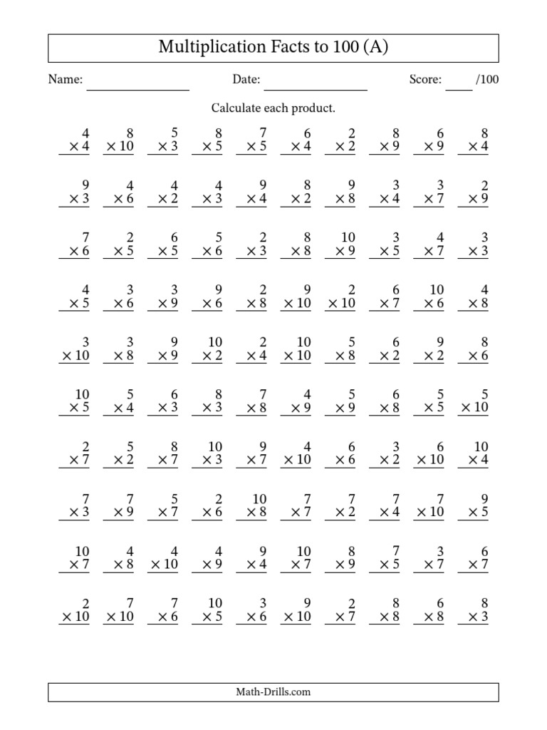 Multiplication Facts To 100 No01 All.1613651304 | PDF | Échecs