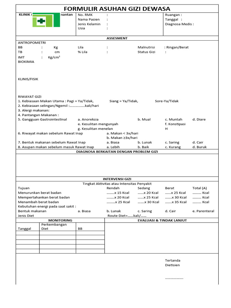 Form Asuhan Gizi Dewasa Klinik PT MKH | PDF