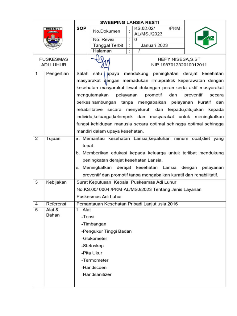 SOP Sweeping Lansia 2023 | PDF