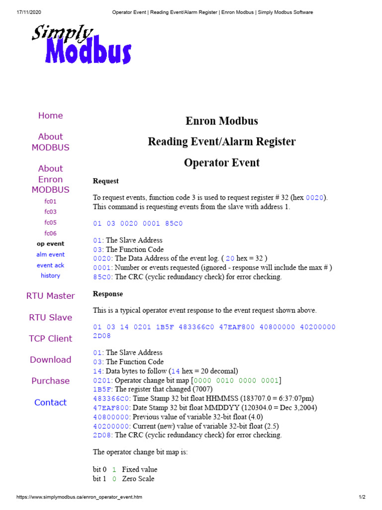 Operator Event - Reading Event - Alarm Register - Enron Modbus - Simply Modbus Software | PDF ...