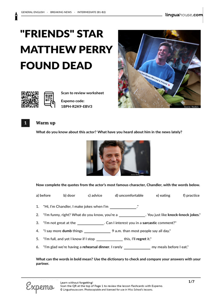 Friends Star Matthew Perry Found Dead British English Teacher | PDF ...
