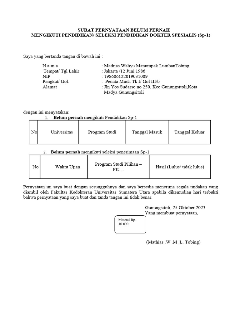 Surat Pernyataan Pendidikan Sp-1 | PDF