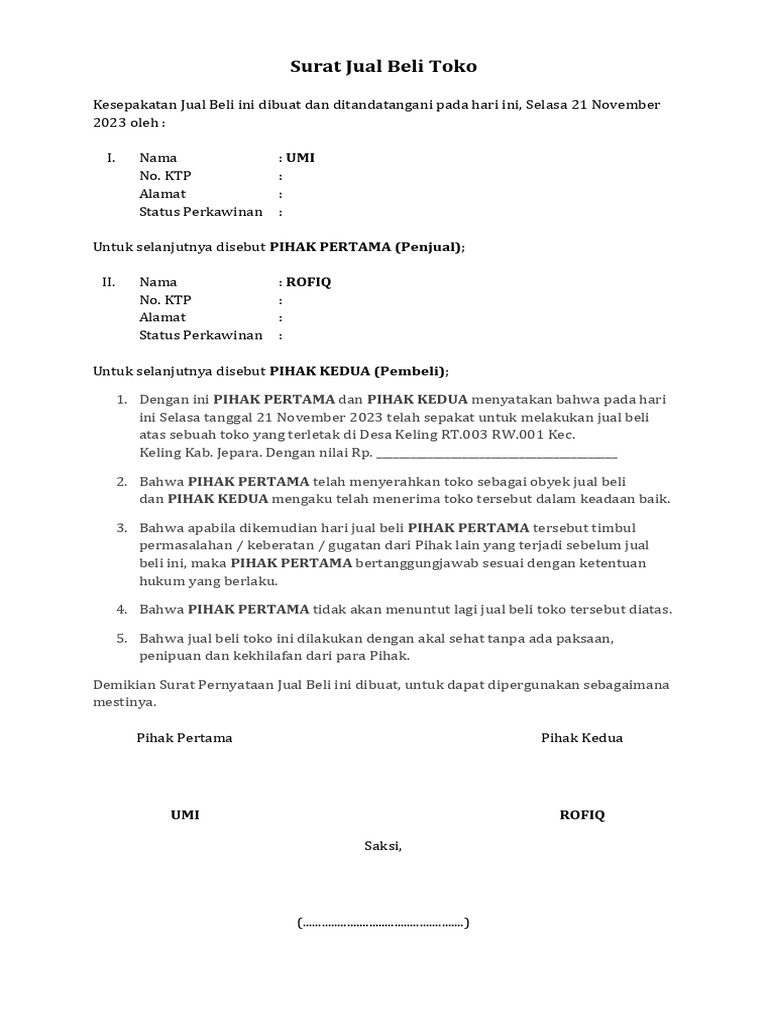Contoh Surat Jual Beli Ruko | PDF
